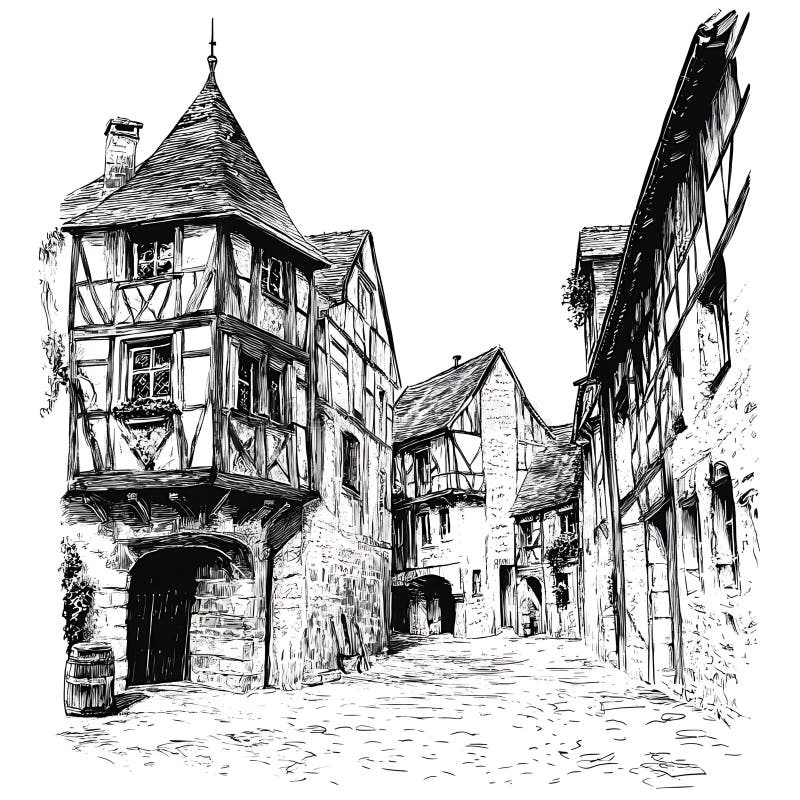 Medieval Street Scene, Black and White Sketch Stock Illustration ...