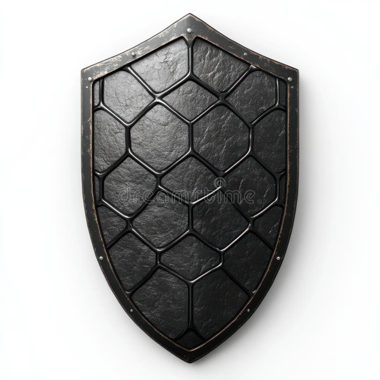 Medieval-style Black Shield with Hexagonal Pattern on a White ...