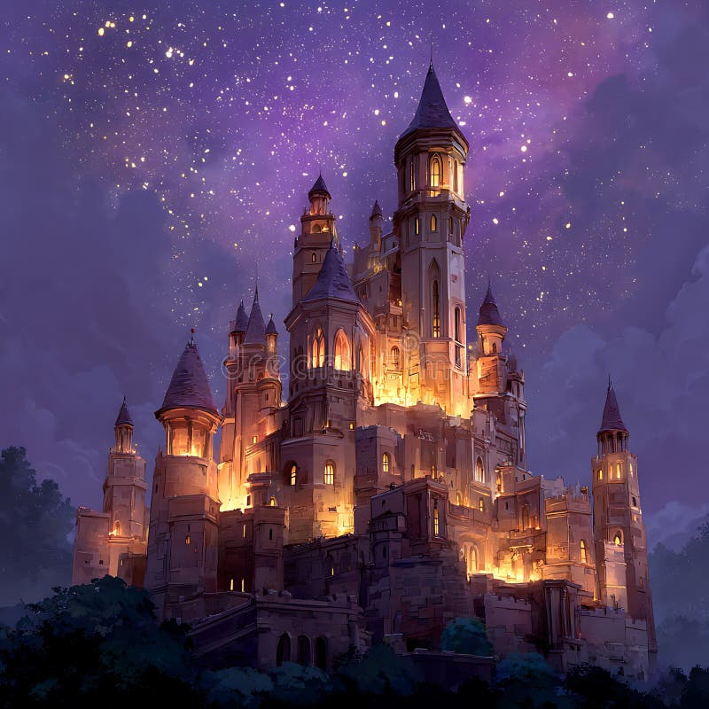 Medieval-style Castle Illuminated from within, Featuring Multiple ...