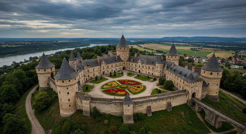 A Medieval-style Castle with Multiple Round Towers Topped by Conical ...