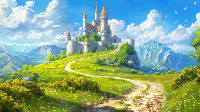 A Medieval-style Castle Situated Atop a Hill with Lush Greenery and a ...