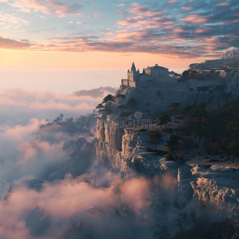 A Medieval-style Castle Situated Atop a Rocky Cliff, Surrounded by ...
