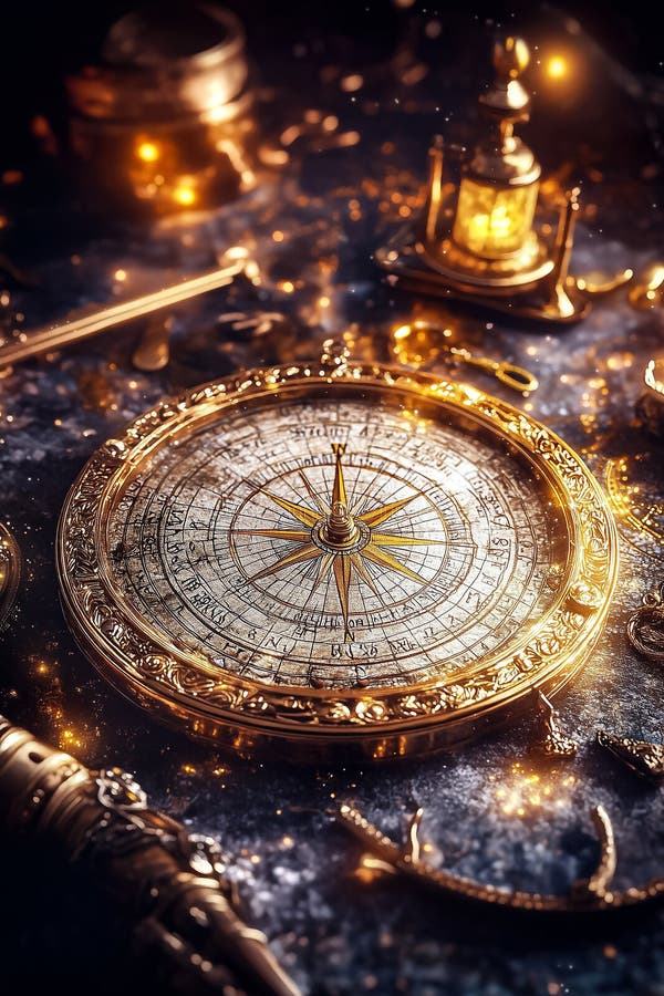 An Old Geographic Map with Navigational Tools: Compass, Divider, Ruler ...