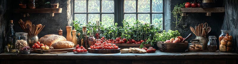 Medieval-style Rich Food Table with a Panoramic Display on a Rustic ...