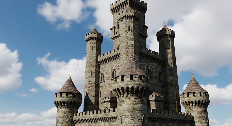 Medieval-style Stone Castle Featuring Multiple Cylindrical Turrets with ...