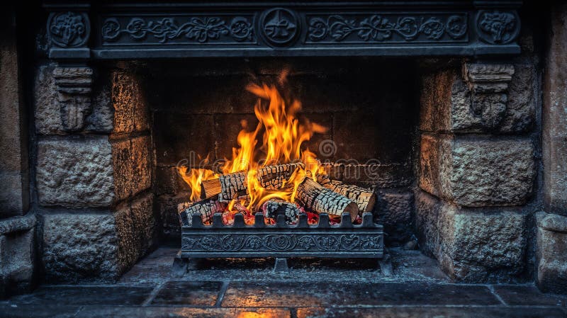A Medieval Style Stone Fireplace with Fire. the Fire is Orange and ...
