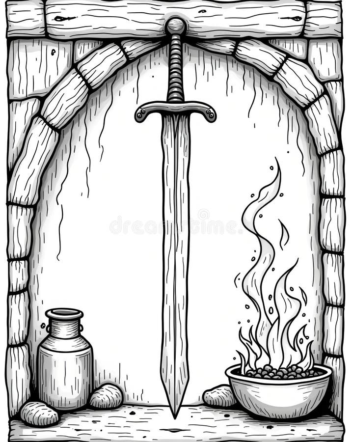 Medieval Sword Display with Fire Bowl Stock Illustration - Illustration ...