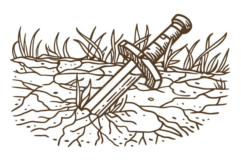 Medieval Sword Embedded in Cracked Earth with Grass, Symbolizing ...