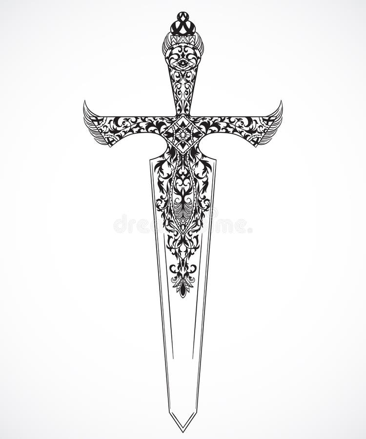 Ornate Medieval Shield, Sword and Ribbon Banner. Vintage Highly ...