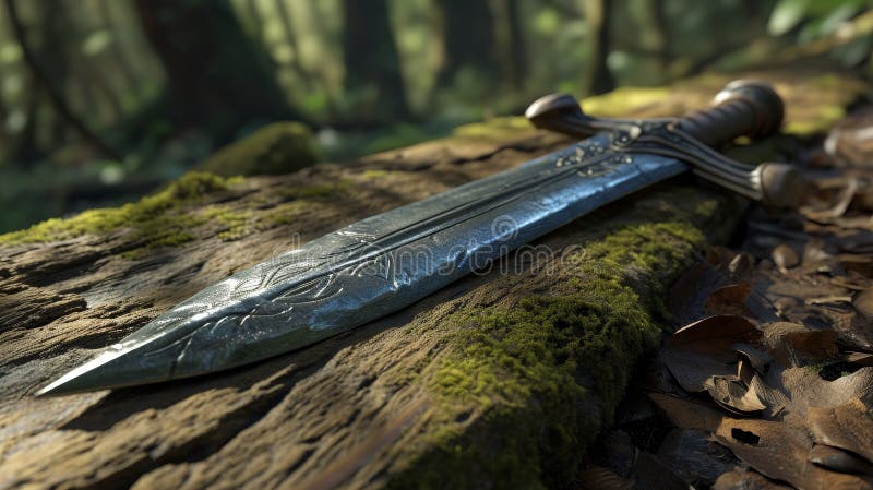Medieval Sword Resting on a Mossy Log in a Forest Stock Illustration ...