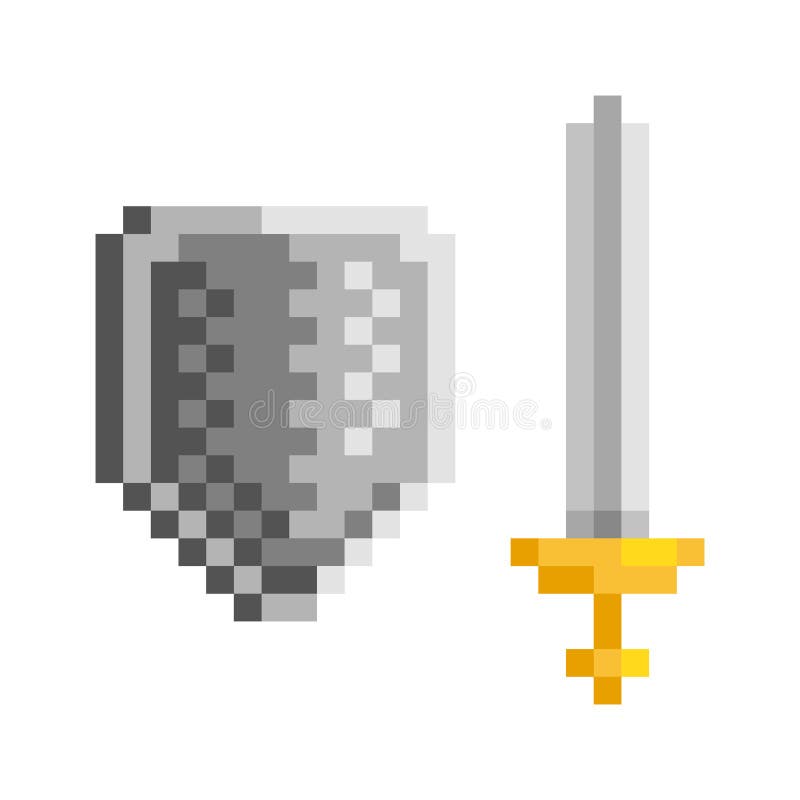 Medieval Sword and Shield Pixel Art. Cartoon Vector Illustration. Stock ...