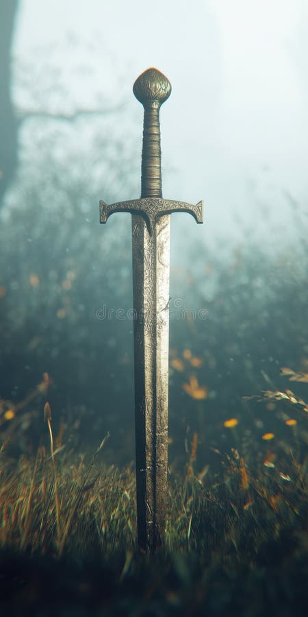 Medieval Sword Standing Upright in Misty Forest, AI Generative Stock ...