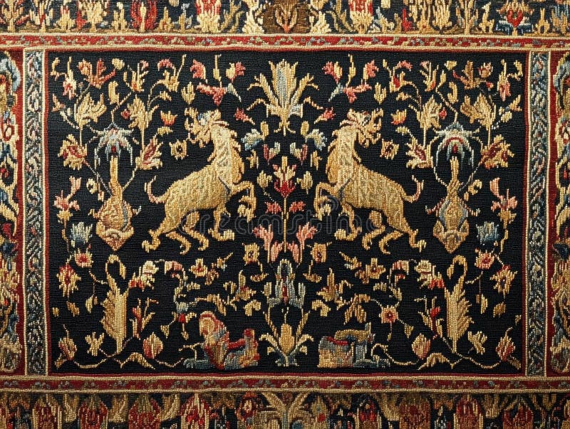 Medieval Tapestry with Two Lions and Floral Motifs Stock Photo - Image ...