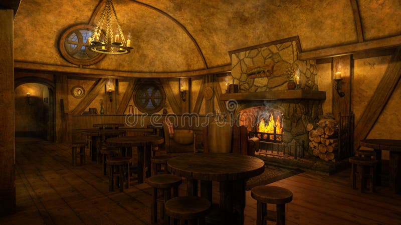 Medieval Tavern Inn Bar with Open Fire Burning in the Evening with ...