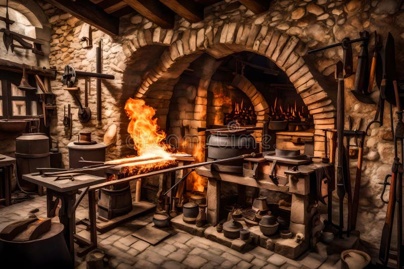 A Medieval-themed Blacksmith S Forge with Flames Roaring, Forging an ...