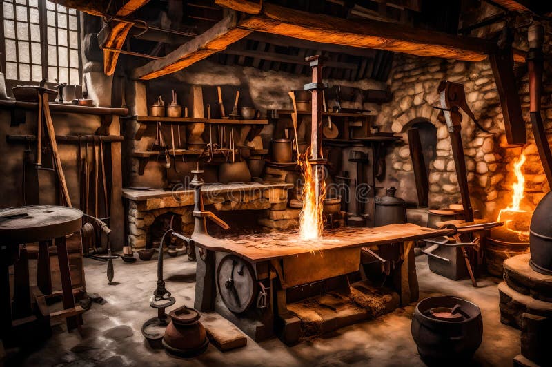 A Medieval-themed Blacksmith S Forge with Flames Roaring, Forging an ...