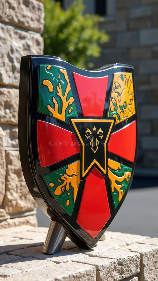 Medieval-themed Shield with Colorful Crest by a Stone Wall Stock ...