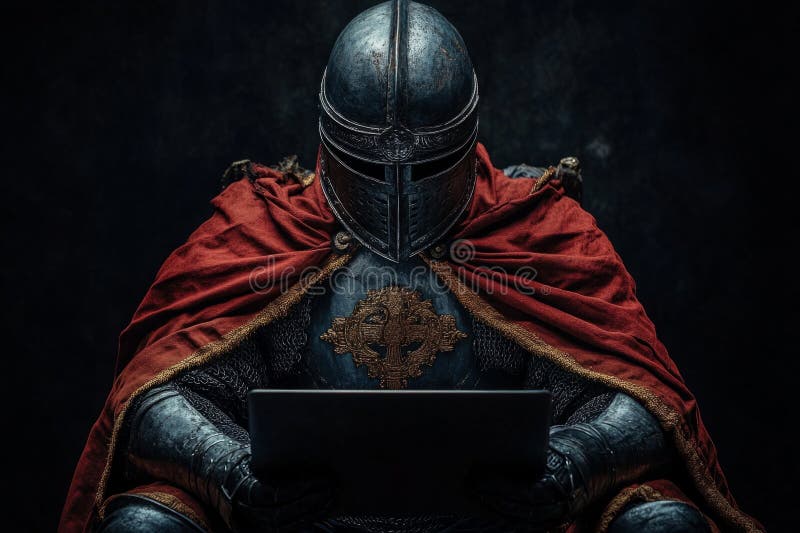 Medieval Times Warrior Wearing Armor and Red Cape Using Laptop Computer ...