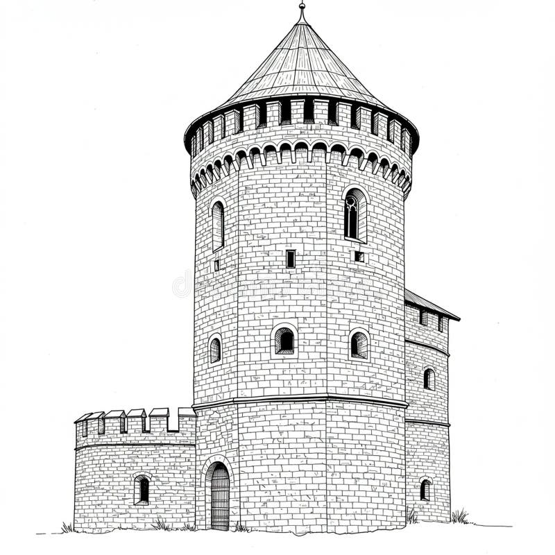 Medieval Tower with Circular Structure Depicted in Fine Line Art ...
