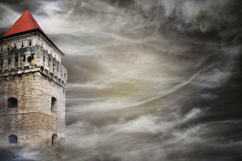 Medieval Tower on Cloudy Sky Background Stock Image - Image of stone ...