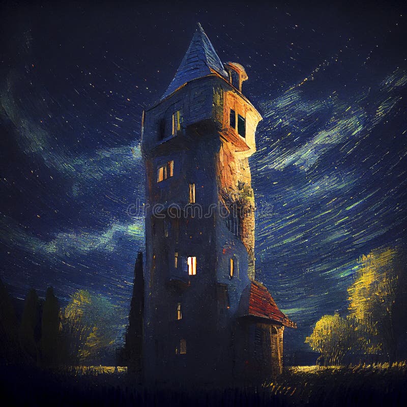 Medieval Tower in Night with Starry Sky, Ai Illustration Stock ...