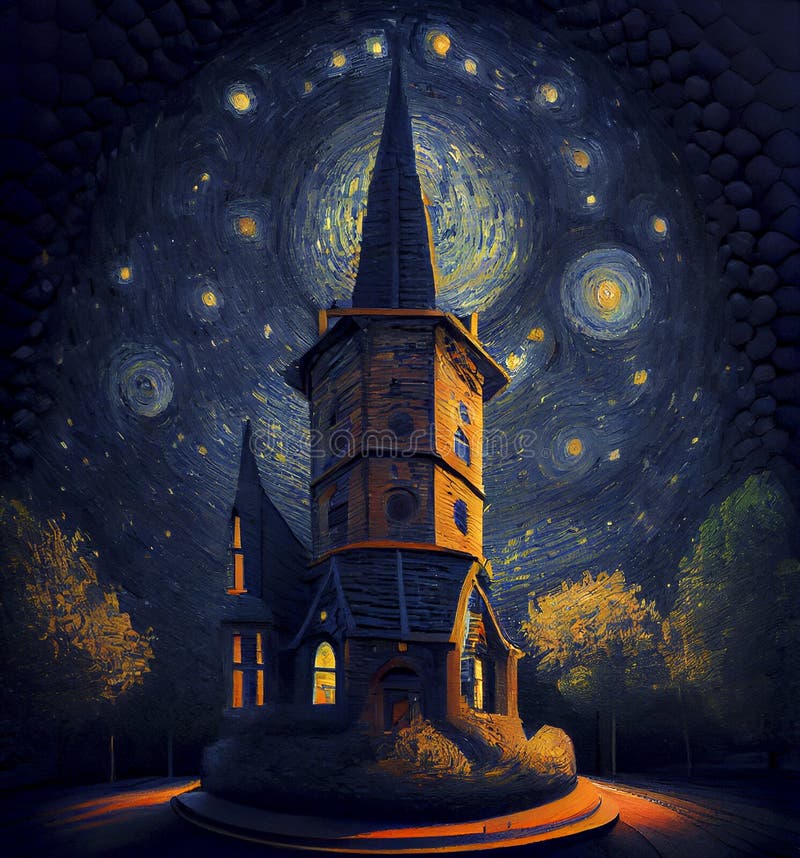 Medieval Tower in Night with Starry Sky, Ai Illustration Stock ...