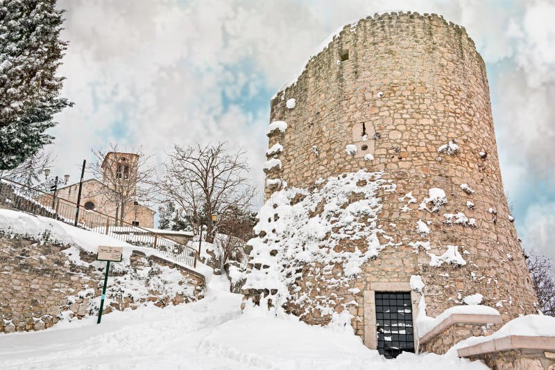 Medieval tower with snow stock image. Image of snow, cold - 84109345