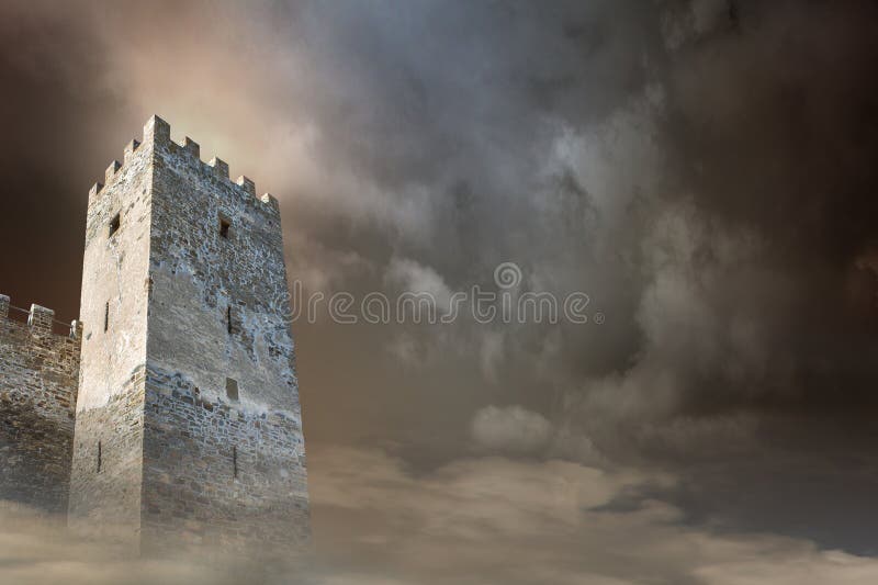 Medieval Tower on Storm Clouds Sky Background Stock Image - Image of ...