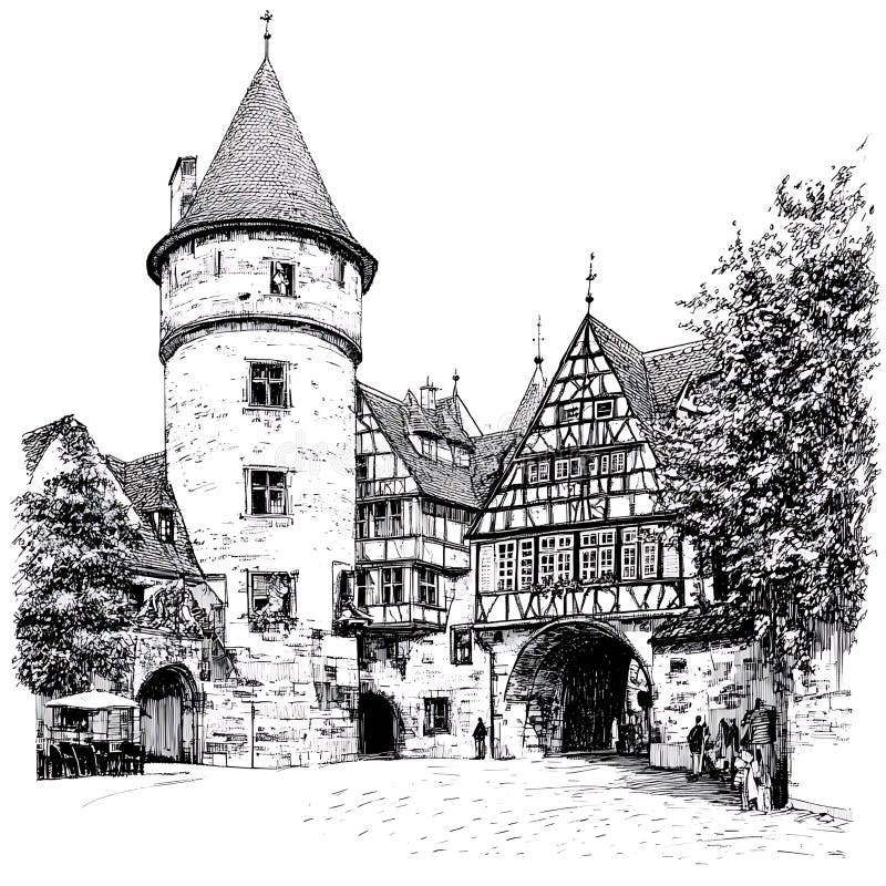 Medieval Town Gate, Tower, Half-timbered Houses, Sketch Stock ...