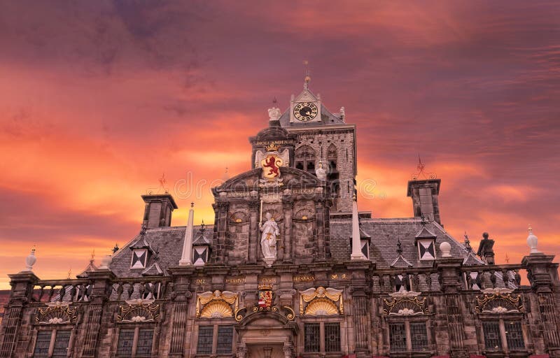 Medieval Town Hall in Delft Stock Photo - Image of sculpture, sunset ...