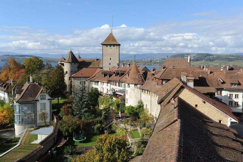 The Medieval Town of Murten Stock Image - Image of fribourg, roofs ...
