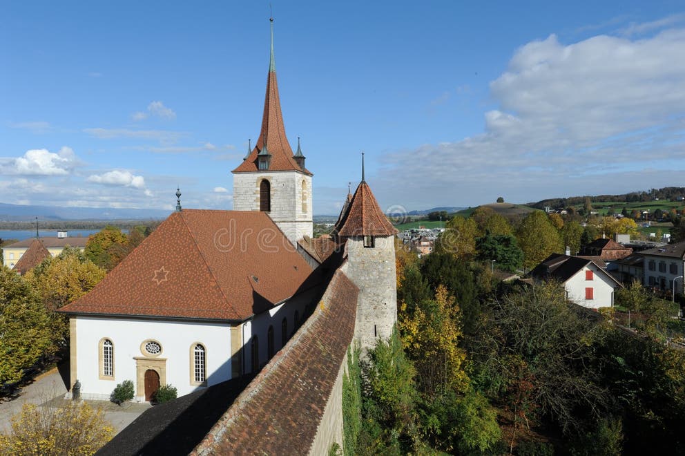The Medieval Town of Murten Stock Photo - Image of fribourg, church ...