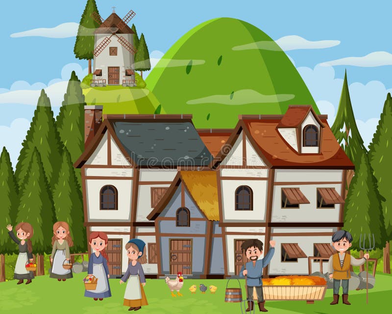 Medieval Town Scene with Villagers Stock Vector - Illustration of ...