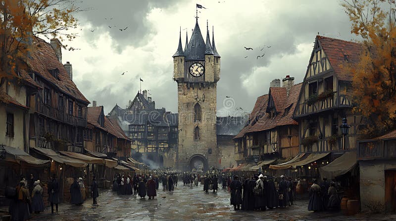 Medieval Town Square with Clock Tower, People Shopping, Overcast Sky ...