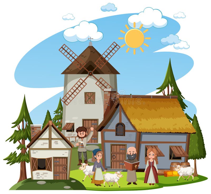 Medieval Town with Villagers on White Background Stock Vector ...