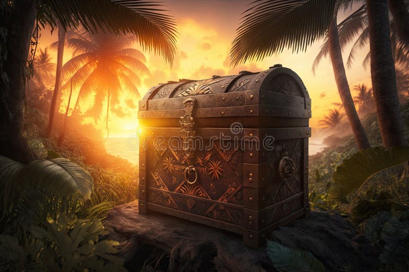 Medieval Treasure Chest in the Jungle Against Backdrop of Sunset Stock ...