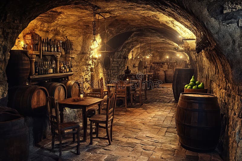 Medieval Underground Wine Cellar with Barrels and Rustic Decor Stock ...