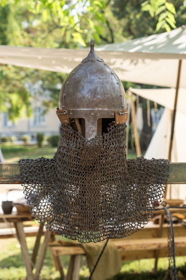 Medieval Various Norman Style Helmets with Chainmail Stock Image ...