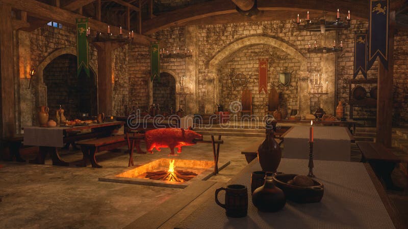 Medieval Viking Dining Hall Interior with a Boar Roasting Over an Open ...