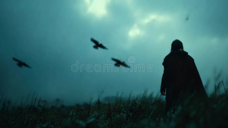 Medieval Viking Warrior Standing in Rain with Birds Flying Overhead ...