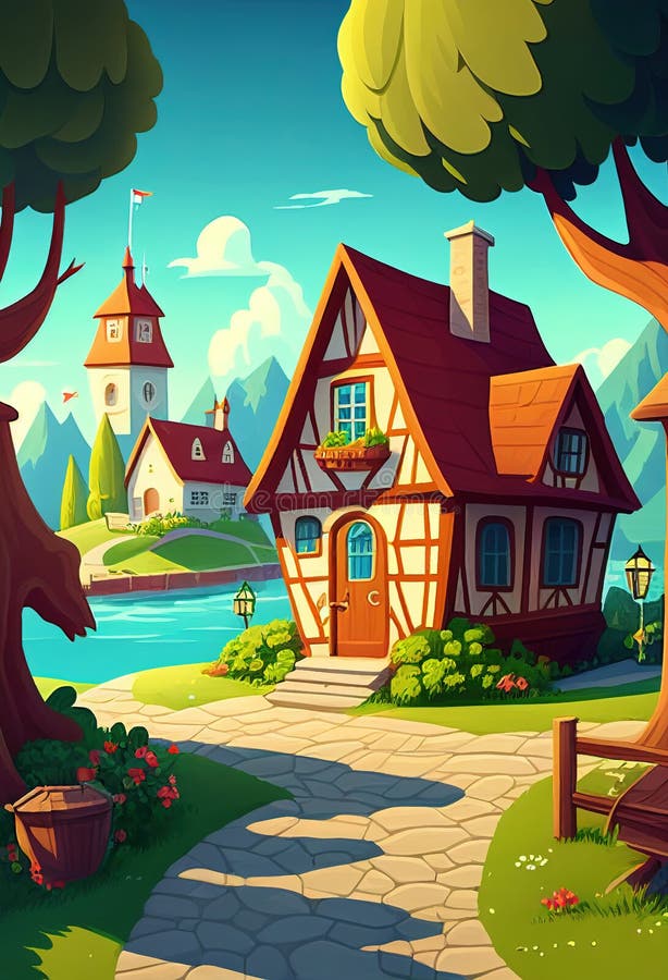 Medieval Village in Cartoon Style. Ai Generative Stock Illustration ...