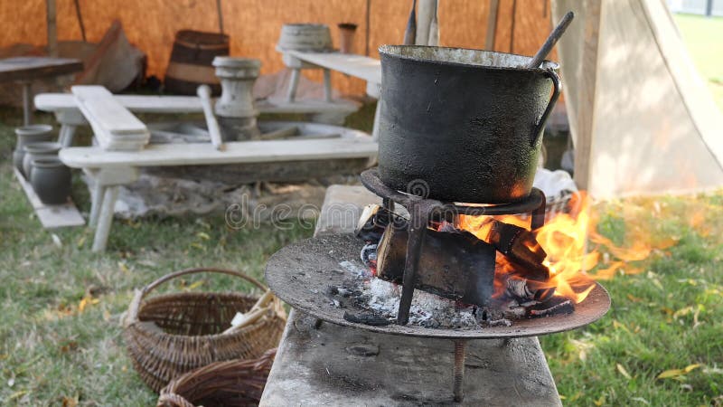 Medieval Village. Fire Under an Iron Pot Stock Footage - Video of ...