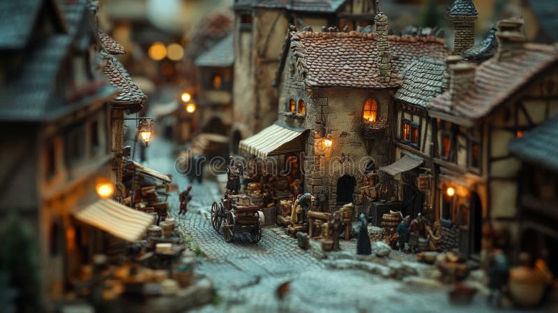Medieval Village Model at Night with Warm Lighting Stock Illustration ...
