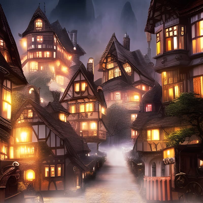 Medieval Village at Night Depiction Stock Illustration - Illustration ...