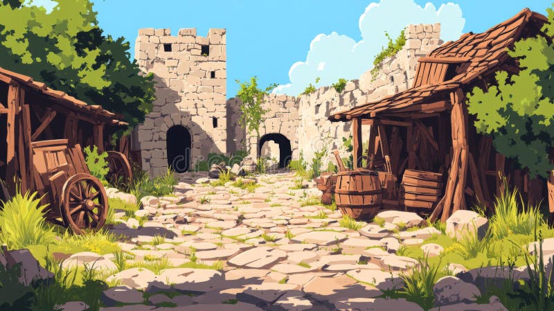Medieval Village Path: Stone Buildings and Ruins Under Sunny Sky Stock ...