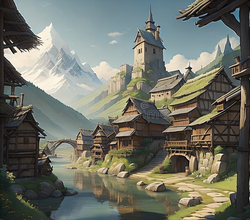 A Medieval Village and Riverside Stock Illustration - Illustration of ...