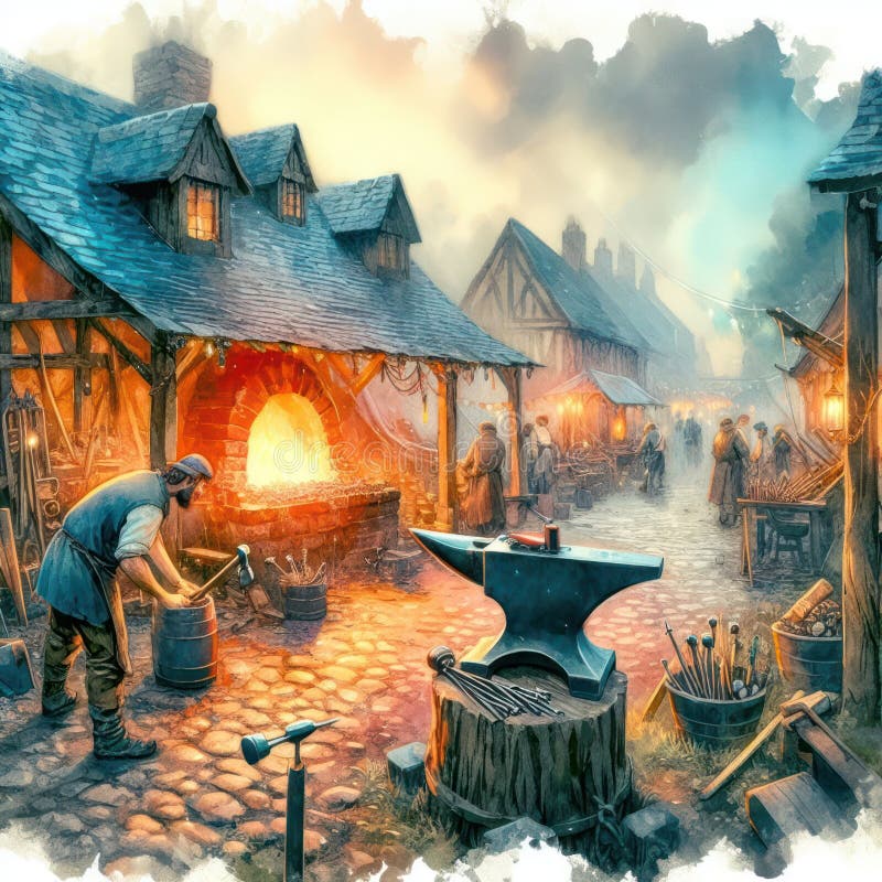 Medieval Village Scene with Blacksmith and Forge Stock Illustration ...