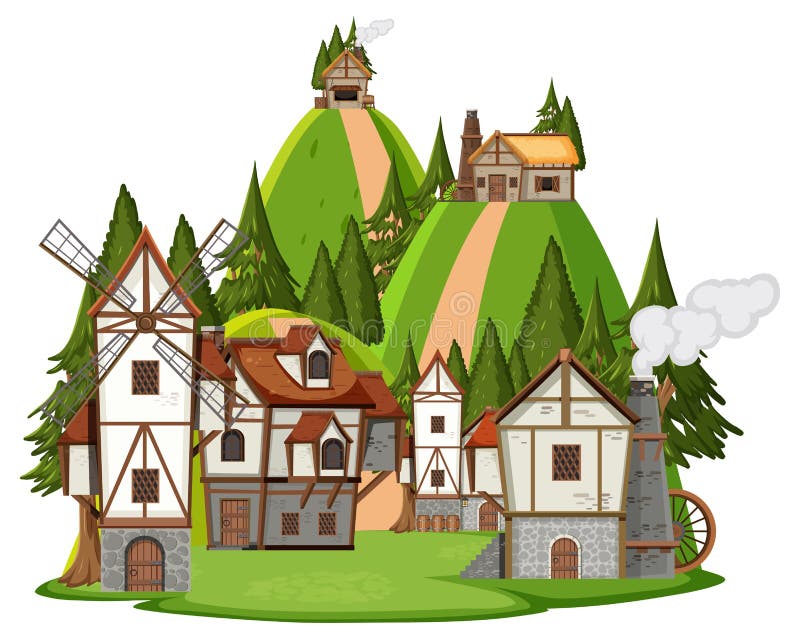 Medieval Village Scene with Windmill and Houses Stock Vector ...