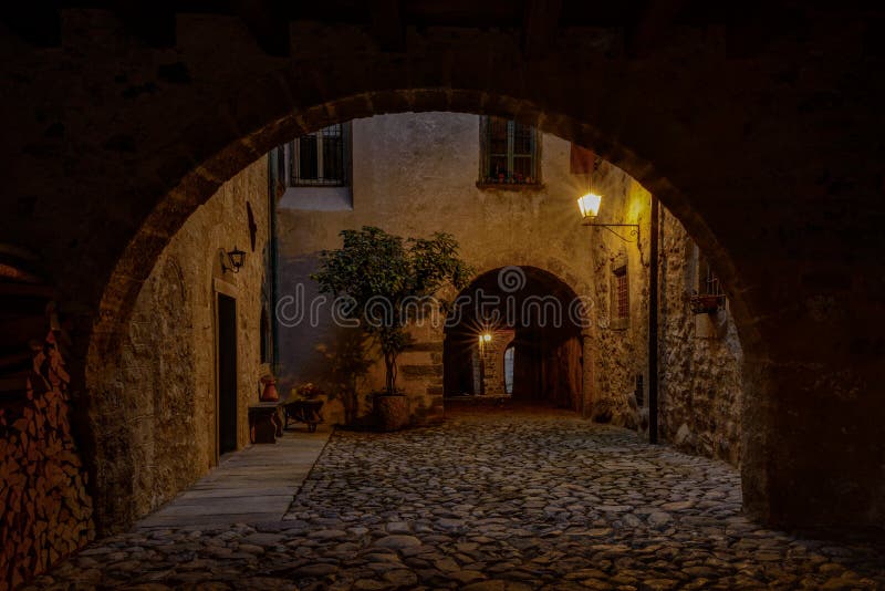 Medieval village at sunset stock photo. Image of tourism - 110105754