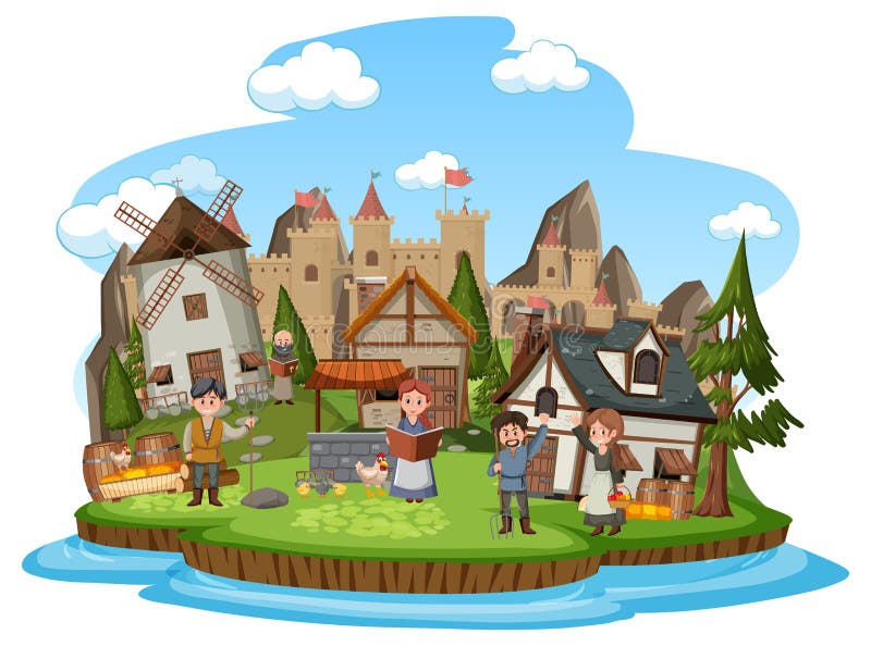Medieval Village with Villagers on White Background Stock Vector ...